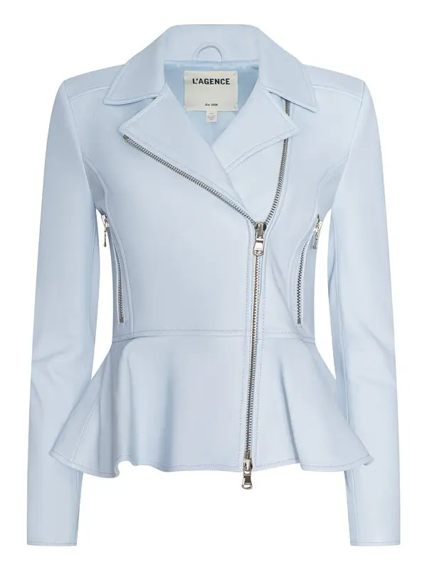 L'Agence Lyric Peplum Biker Jacket - Pale Mist Blue