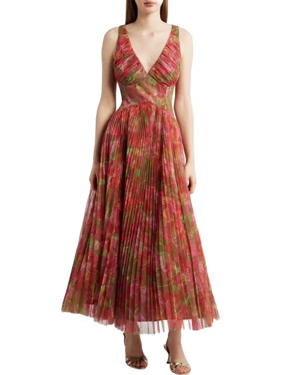 HUTCH Eliana Floral Pleated Gown - Pink/olive Multi Watercolor