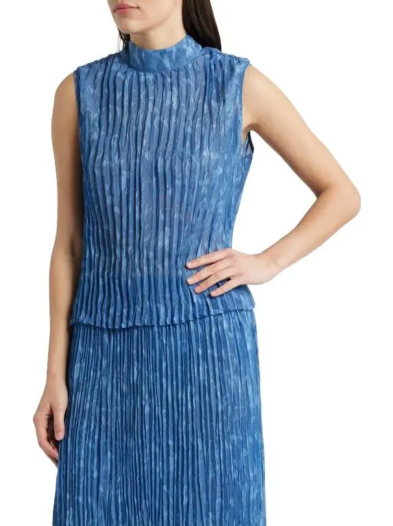 CLOTH & STONE Pleated Sleeveless Top - Indigo Ikat Floral