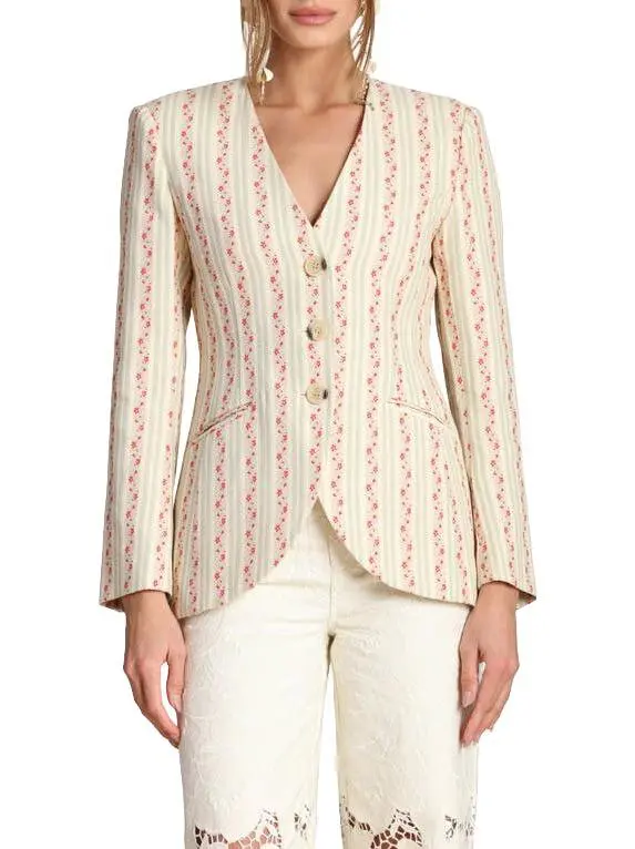Avec Les Filles Floral Brocade Cotton Blazer - Rose Stripe Multi