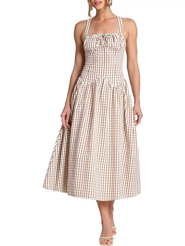 Avec Les Filles Check Drop Waist Cotton-blend Sundress - Cream And Brown