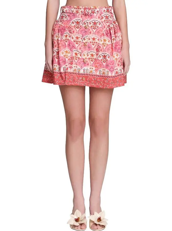 Avec Les Filles Belted Shirred Stretch Cotton & Linen Miniskirt - Scallop Floral