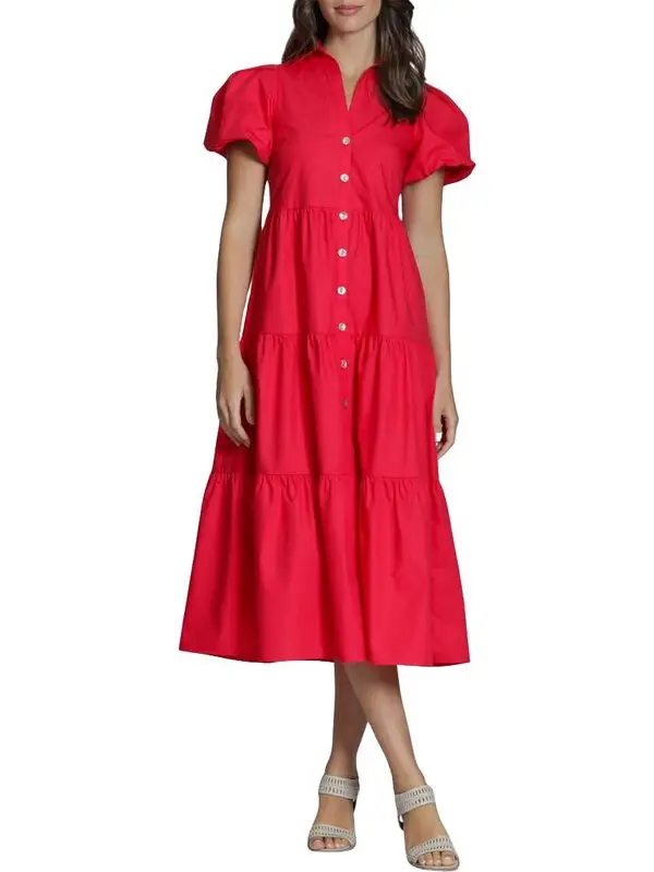 APNY Puff Sleeve Tie Cotton Midi Dress - Red