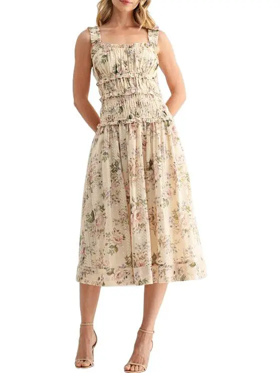 QUINCY MAE Floral Print Ruched Midi Dress - Cream Floral