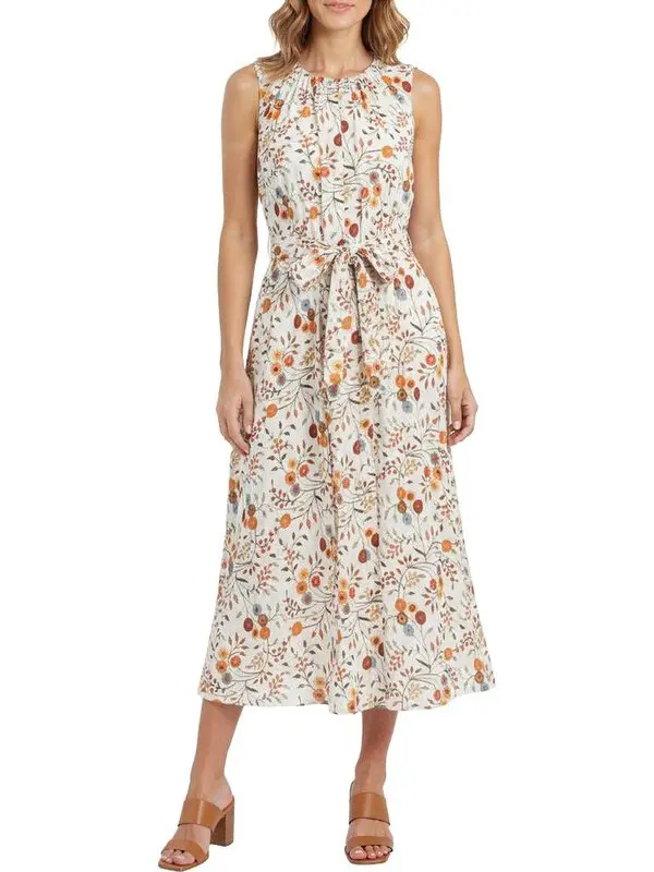 QUINCY MAE Floral Sleeveless Belted Midi Dress - Cream Floral