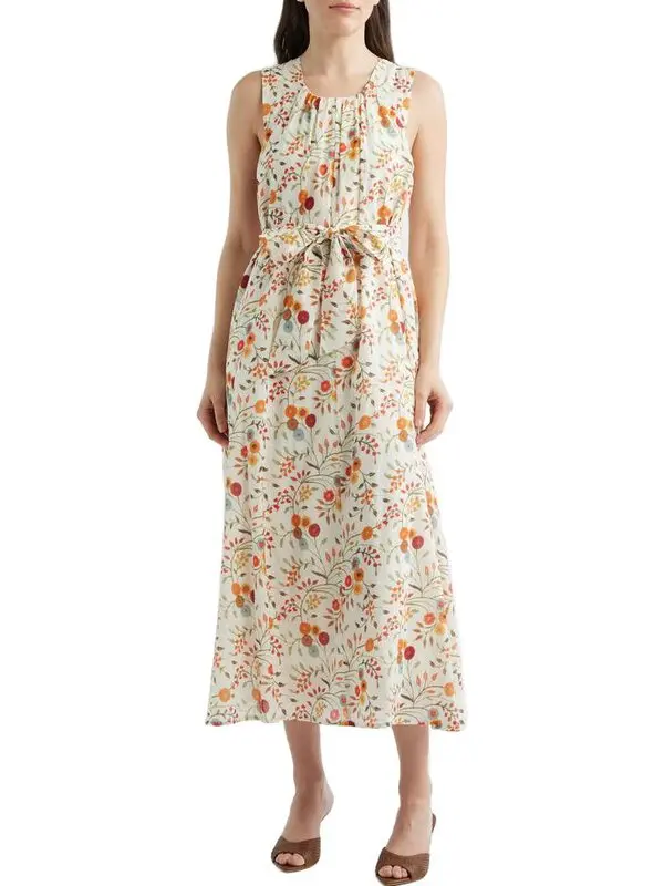 QUINCY MAE Floral Sleeveless Belted Midi Dress - Cream Floral