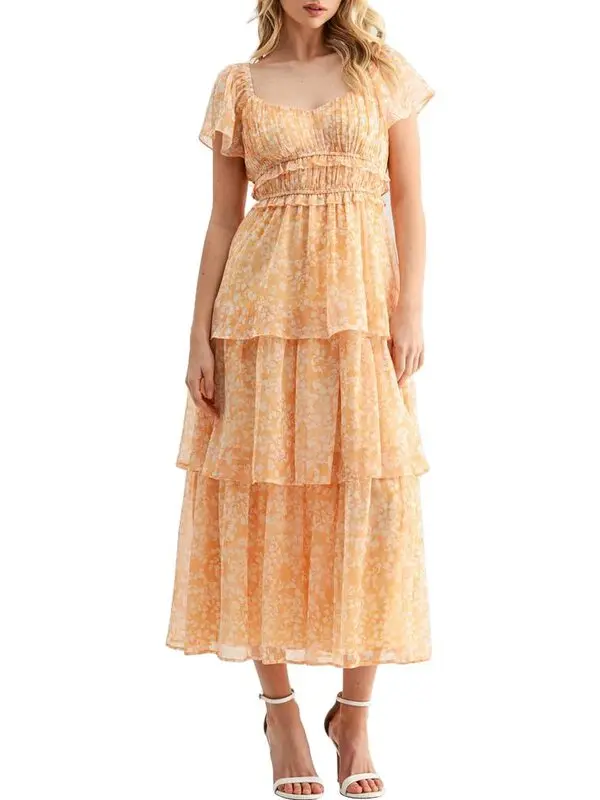 QUINCY MAE Floral Print Pleated Tiered Midi Dress - Mustard Floral