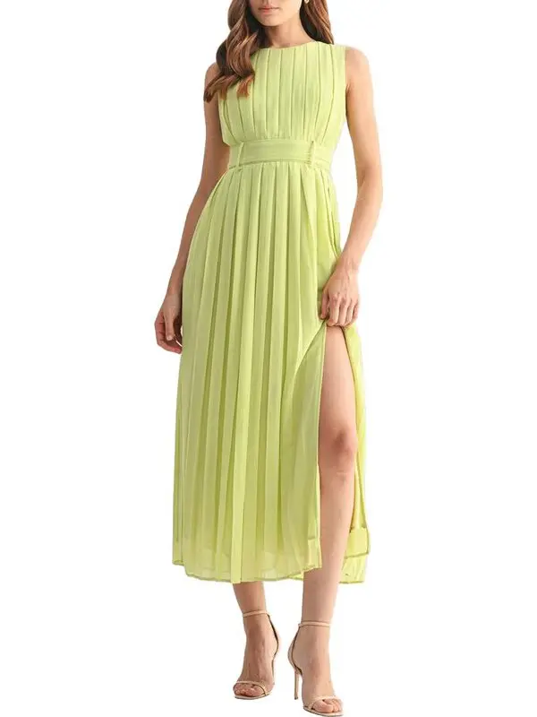 QUINCY MAE Pleated Belted Maxi Dress - Lime Green