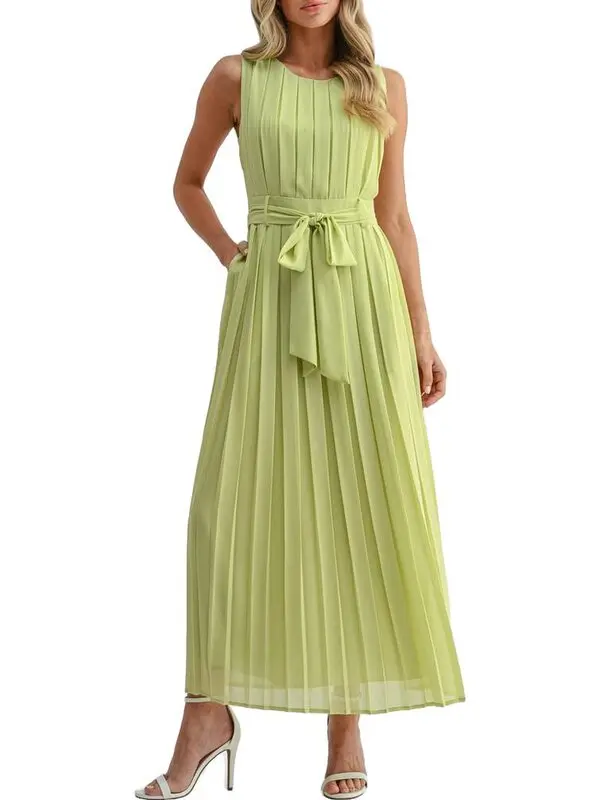 QUINCY MAE Pleated Belted Maxi Dress - Lime Green