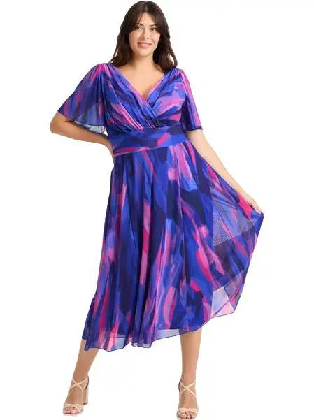 SCARLETT & JO Victoria Angel Sleeve Midi Dress - Blue Pink Brush