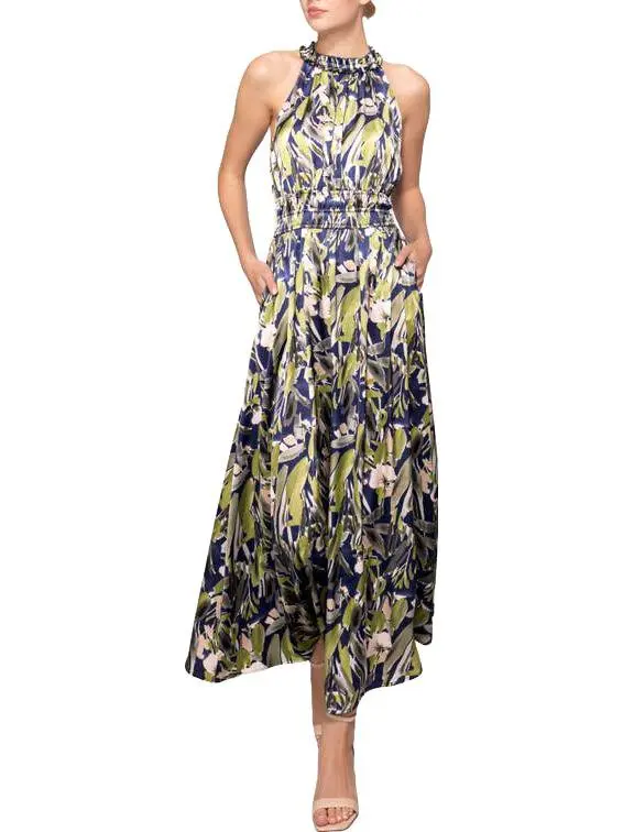 MELLODAY Printed Ruffle Sleeveless Maxi Dress - Blue Green Leaf