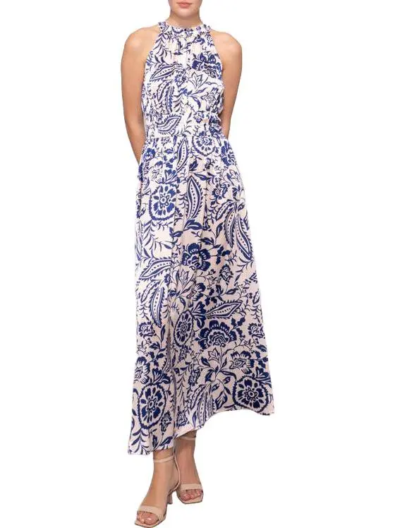 MELLODAY Printed Ruffle Sleeveless Maxi Dress - Ivory Blue Paisley
