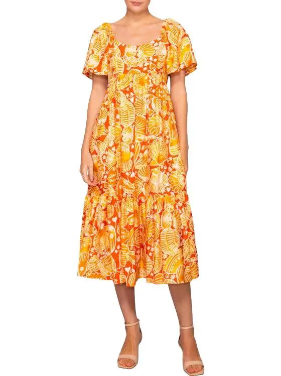 MELLODAY Flutter Sleeve Tiered Dress - Orange Mustard Print