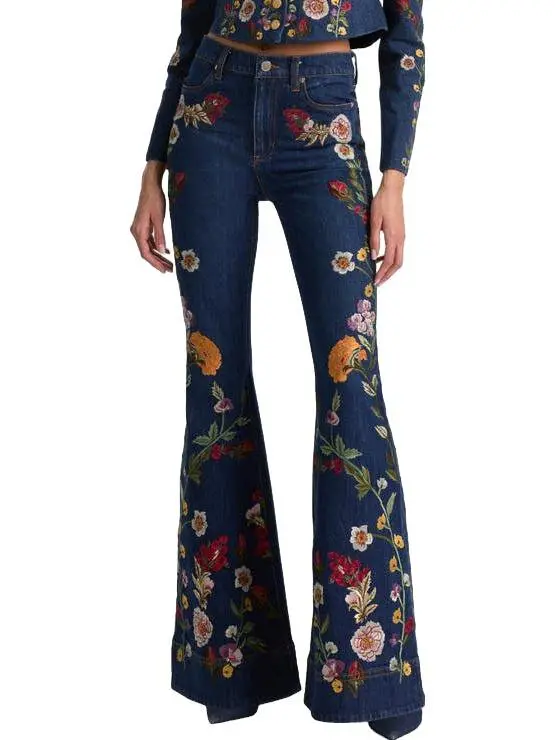 Alice + Olivia Floral Embroidered Flare Jeans - Catherine Dark Multi