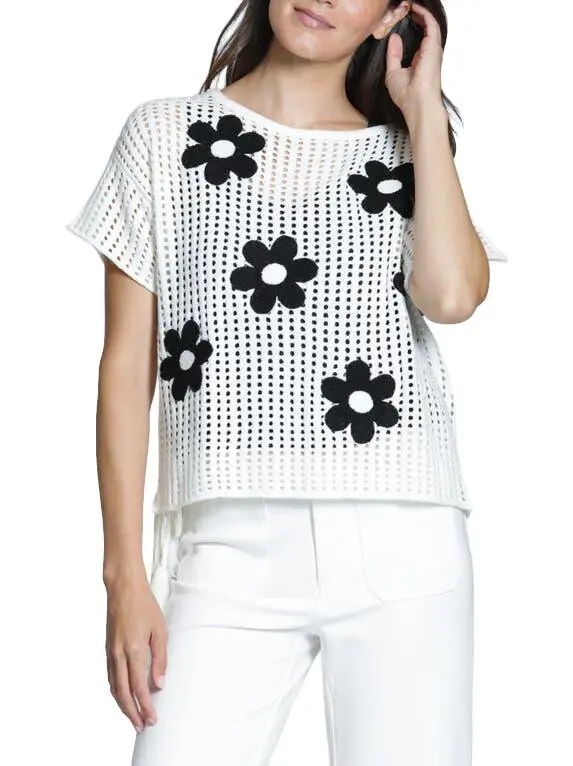APNY Floral Appliqué Open Stitch Sweater - Blackwhite