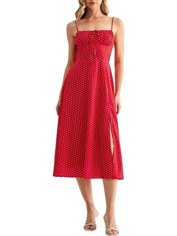 ALL IN FAVOR Polka Dot Corset Bodice Midi Sundress - Red Ivory