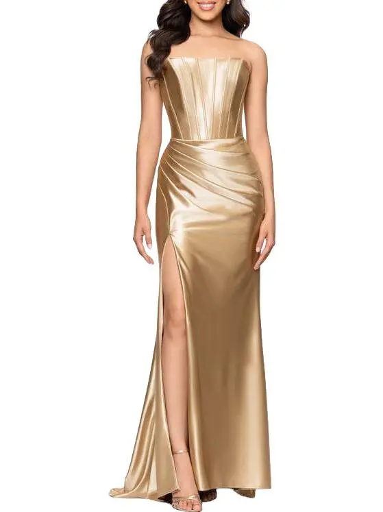 Betsy & Adam Metallic Strapless Mermaid Gown - Gold
