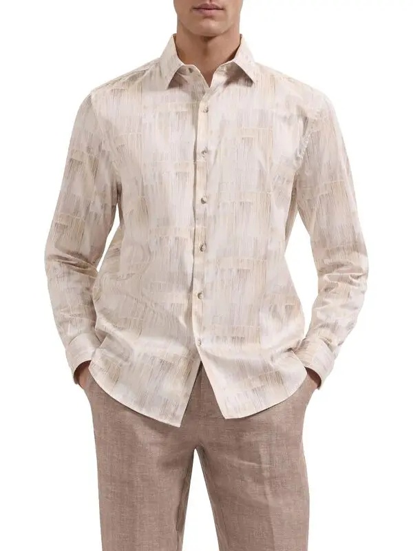 Bugatchi Julian Shaped Fit Brushstroke Print Stretch Cotton Button-up Shirt - Almond
