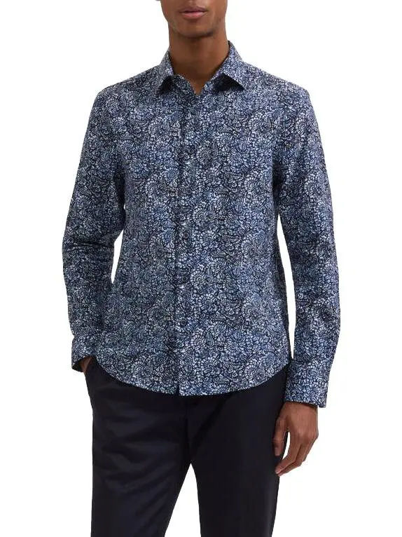 Bugatchi Julian Shaped Fit Abstract Paisley Print Cotton Button-up Shirt - Navy