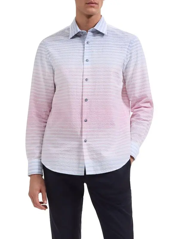 Bugatchi Julian Shaped Ombré Cotton Seersucker Button-up Shirt - Dusty Pink