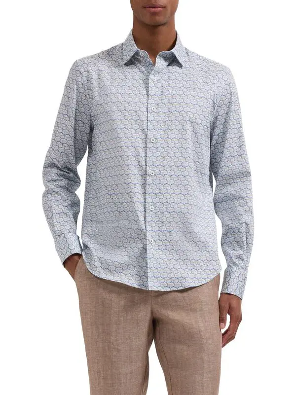 Bugatchi Julian Shaped Fit Geometric Wave Print Stretch Cotton Button-up Shirt - Hazy Blue