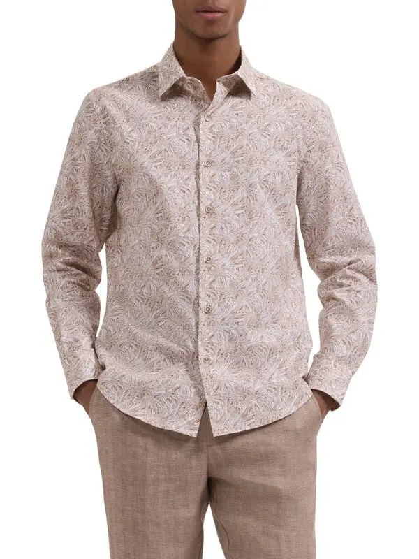 Bugatchi Julian Shaped Fit Abstract Leaf Print Cotton Button-up Shirt - Taupe