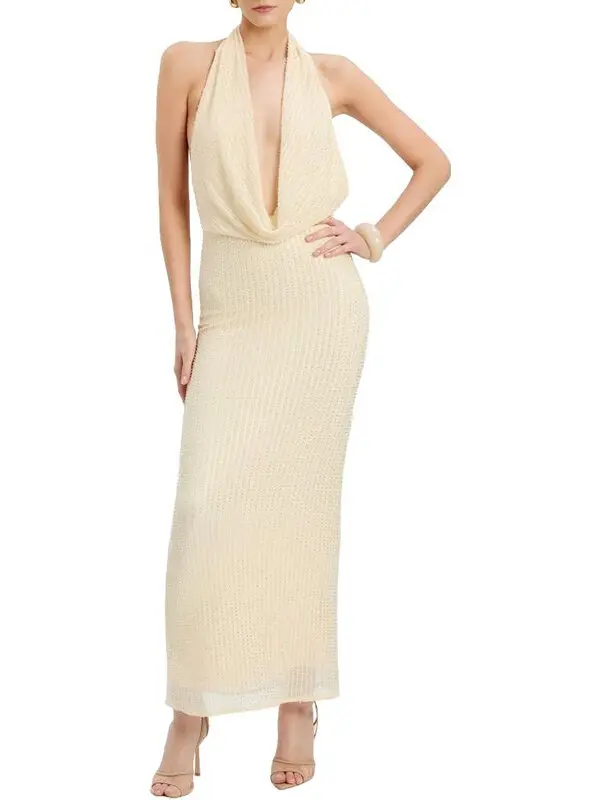 Bardot Nola Beaded Sequin Cowl Halter Maxi Dress - Buttercup