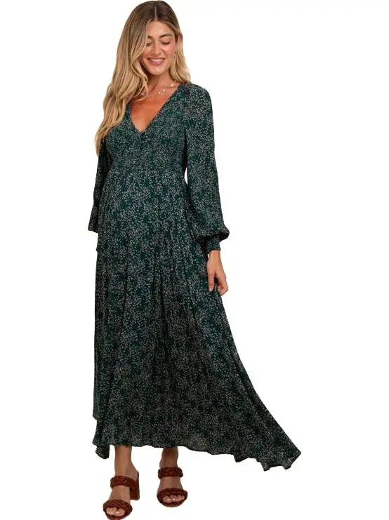 PINKBLUSH Floral Smocked Button Detail Maxi Dress - Forest Green
