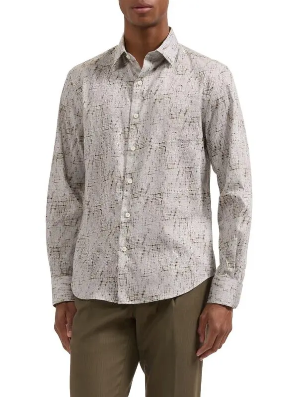 Bugatchi Julian Shaped Fit Abstract Geo Print Stretch Cotton Button-up Shirt - Khaki