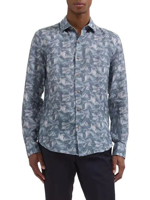 Bugatchi Julian Shaped Fit Abstract Leaf Print Linen Button-up Shirt - Ether