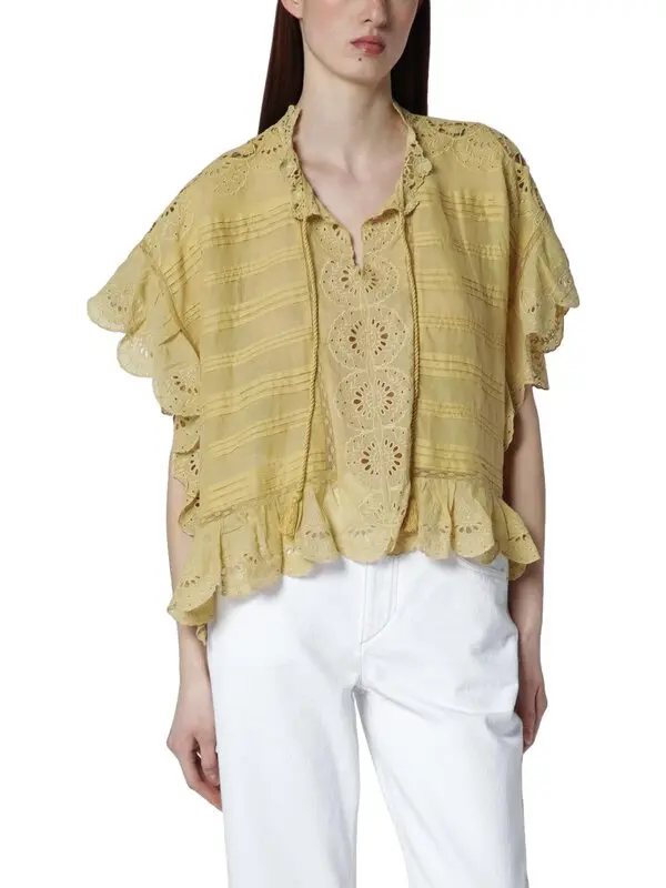 Isabel Marant Payton Cotton Blouse With Floral Lace - Yellow