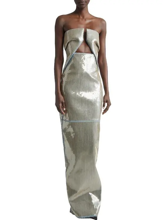 Rick Owens Temple Prong Sequin Stretch Denim Cutout Strapless Gown - Blue/sand