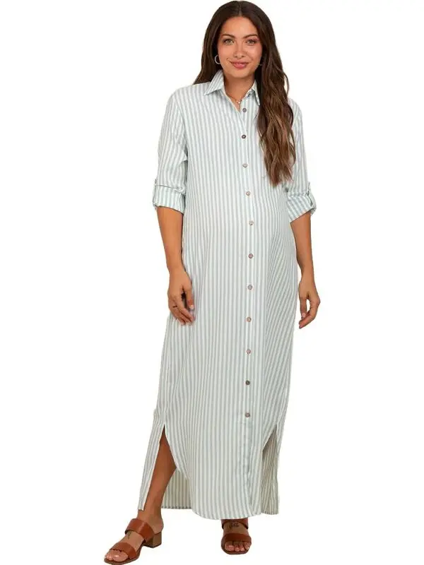 PINKBLUSH Striped Button Down Maxi Dress - Light Olive