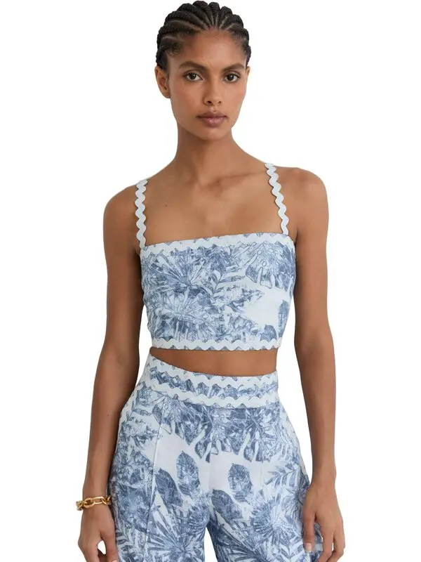 REISS Mila Linen Wave-trim Cropped Cami Top - Blue