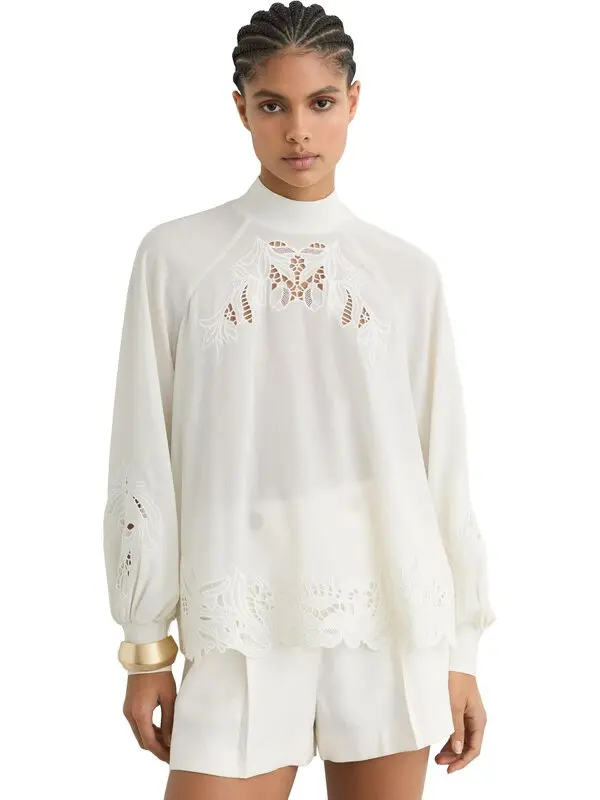REISS Rae Broderie Blouson-sleeve Blouse - Cream