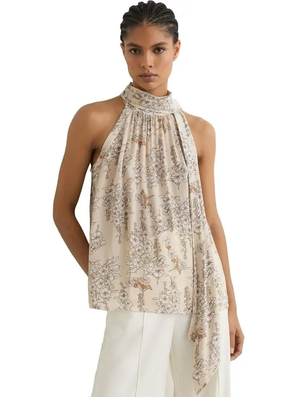 REISS Floral-print Scarf-neck Top - Cream