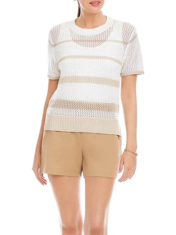 Fifteen Twenty Faye Stripe Short Sleeve Mesh Stitch Sweater - Cream/khaki