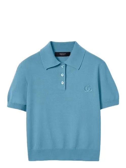 Gucci Knit Polo Shirt With Double G Embroidery - Blue