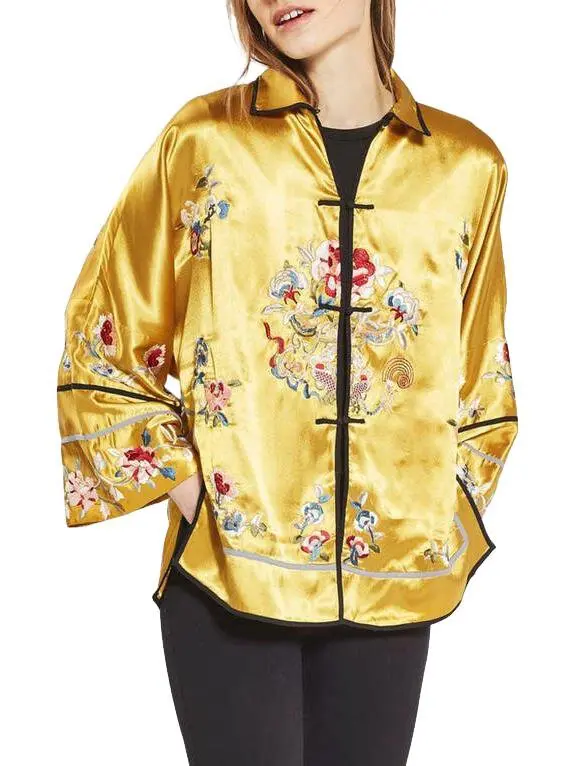 Topshop Embroidered Satin Kimono Jacket - Yellow Multi