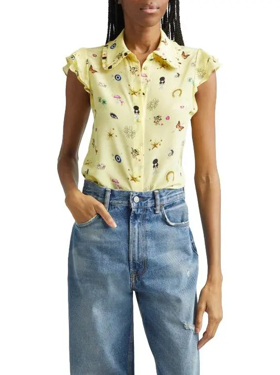 Alice + Olivia Silk Button-up Shirt With Ruffle Sleeves - Lucky Star