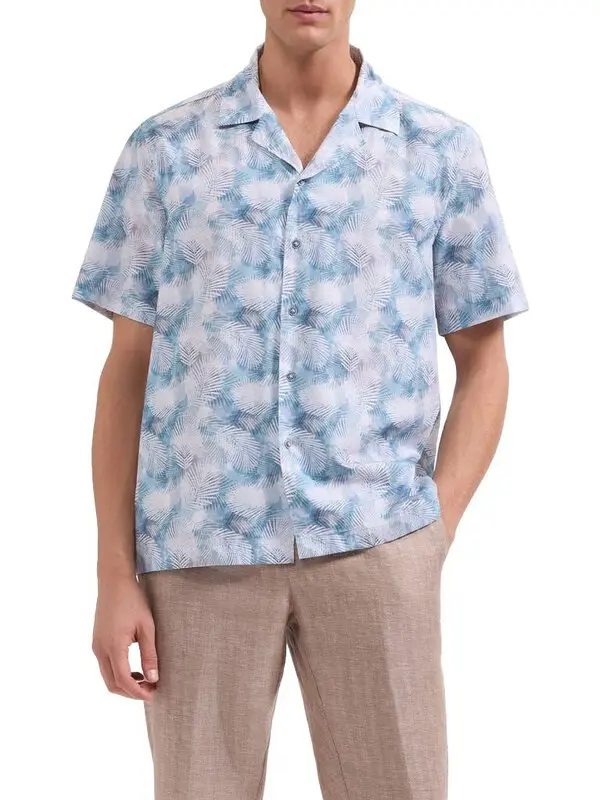 Bugatchi Jackson Palm Leaf Print Camp Shirt - Teal