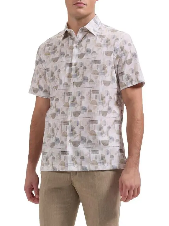Bugatchi Vero Shaped Fit Geometric Print Short Sleeve Button-up Shirt - Khaki