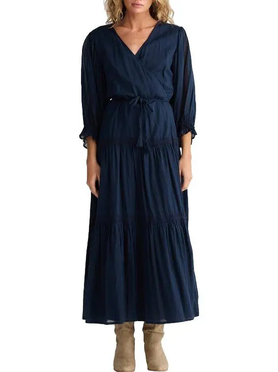 TALISMAN THE LABEL Lunar Wrap Front Tiered Cotton Dress - Navy