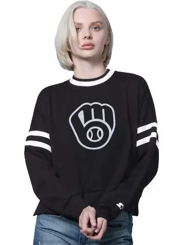 STARTER Milwaukee Brewers Rally Cropped Crewneck Sweatshirt - Black