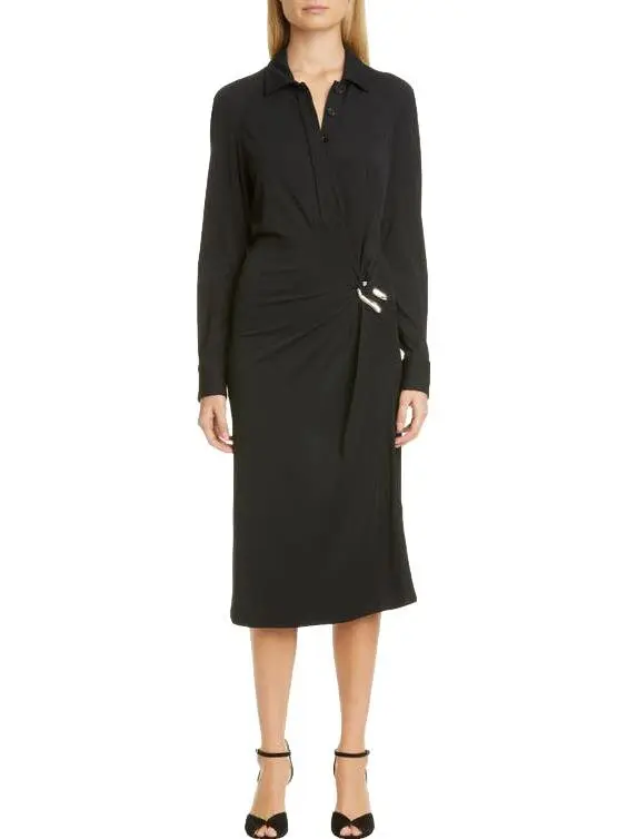 Bottega Veneta Gathered Long Sleeve Jersey Polo Midi Dress - 1000 Nero