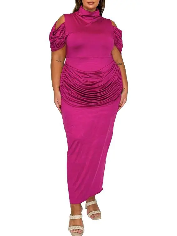 L I V D Seraphina Cold Shoulder Ruched Maxi Dress - Magenta