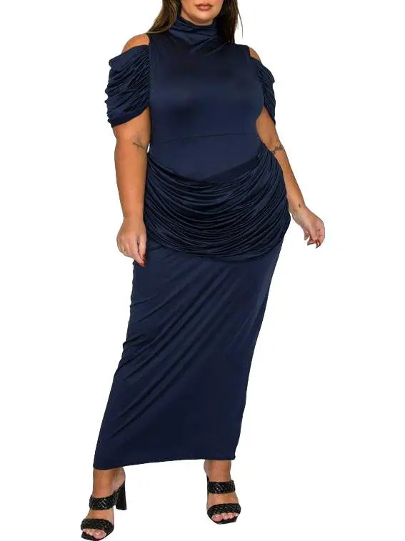 L I V D Seraphina Cold Shoulder Ruched Maxi Dress - Navy