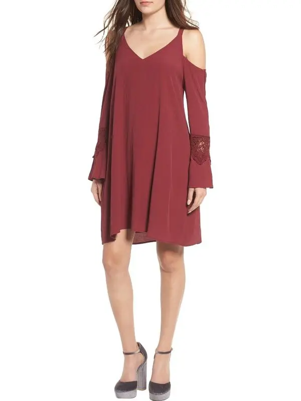 Astr The Label Cold Shoulder Shift Dress - Red Cordovan