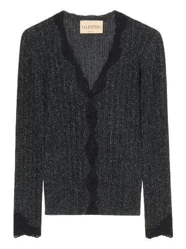 Valentino Garavani Lurex Knit Cardigan With Lace Trim - Black/silver