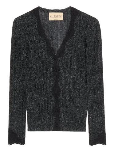 Valentino Garavani Lurex Knit Cardigan With Lace Trim - Black/silver